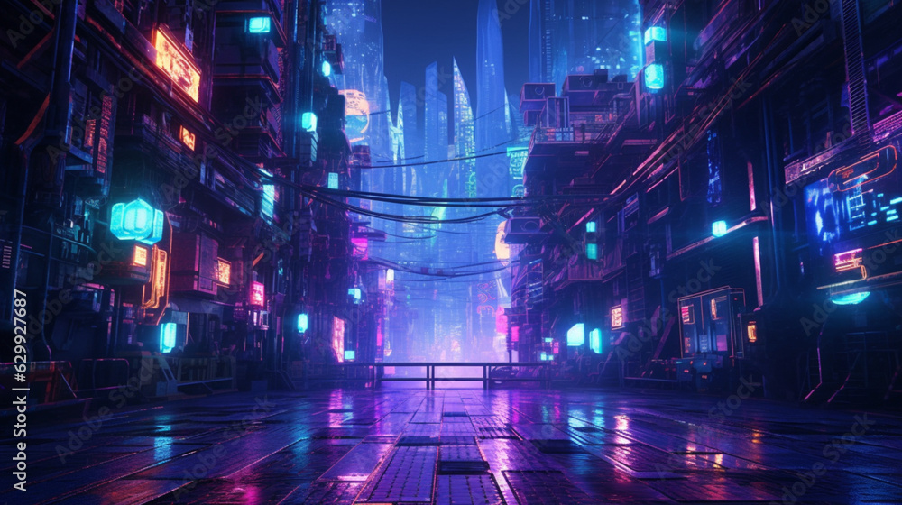 Fond d'une ville futuriste, dystopique. Couleurs néons, rose, violet, bleu et noir. Ville de ...