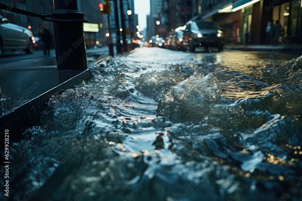 Strong water flow on the road after rain. Drainage system and flood on ...