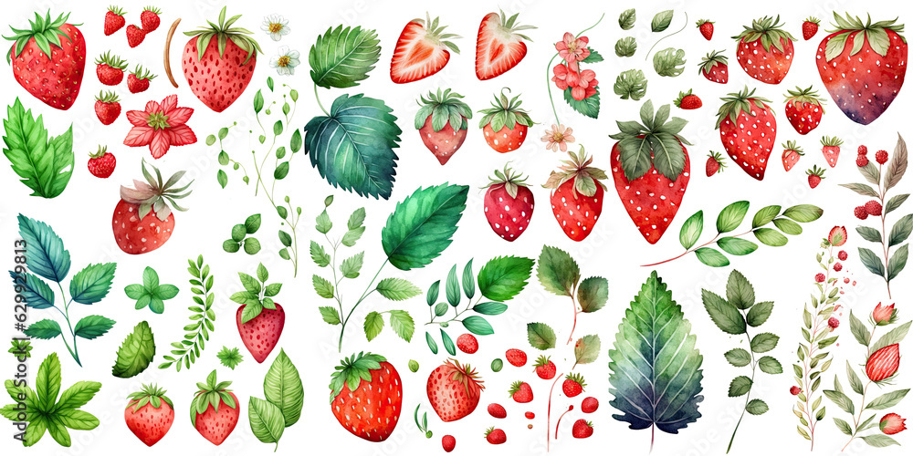 Set of Strawberry watercolor collection of hand drawn, Strawberry Green ...