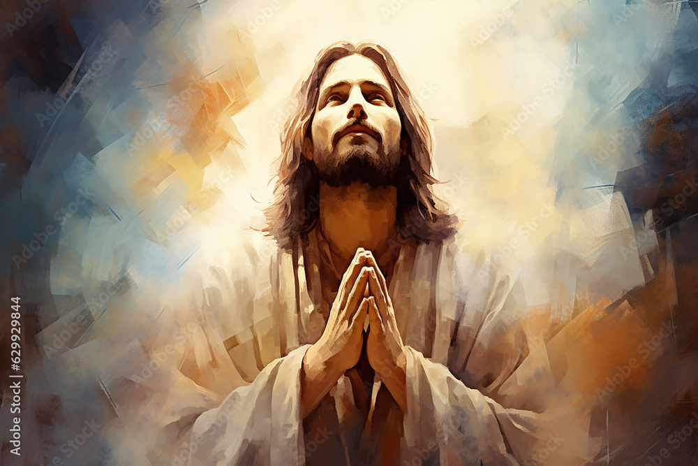 Jesus Christ praying out to God religious art. Generative AI painting ...