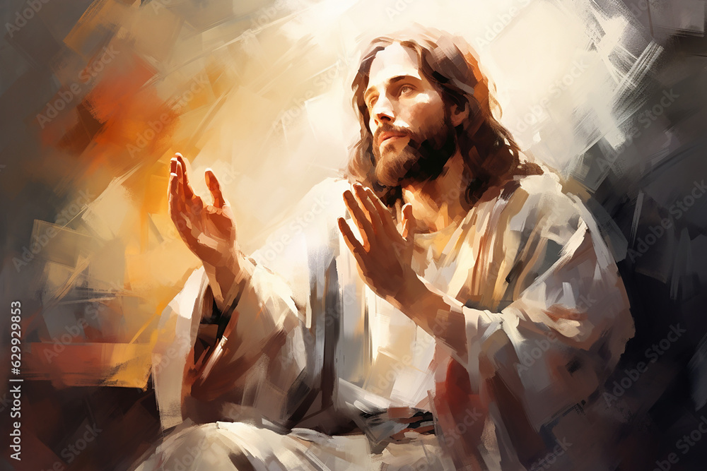 Jesus Christ praying out to God religious art. Generative AI painting ...