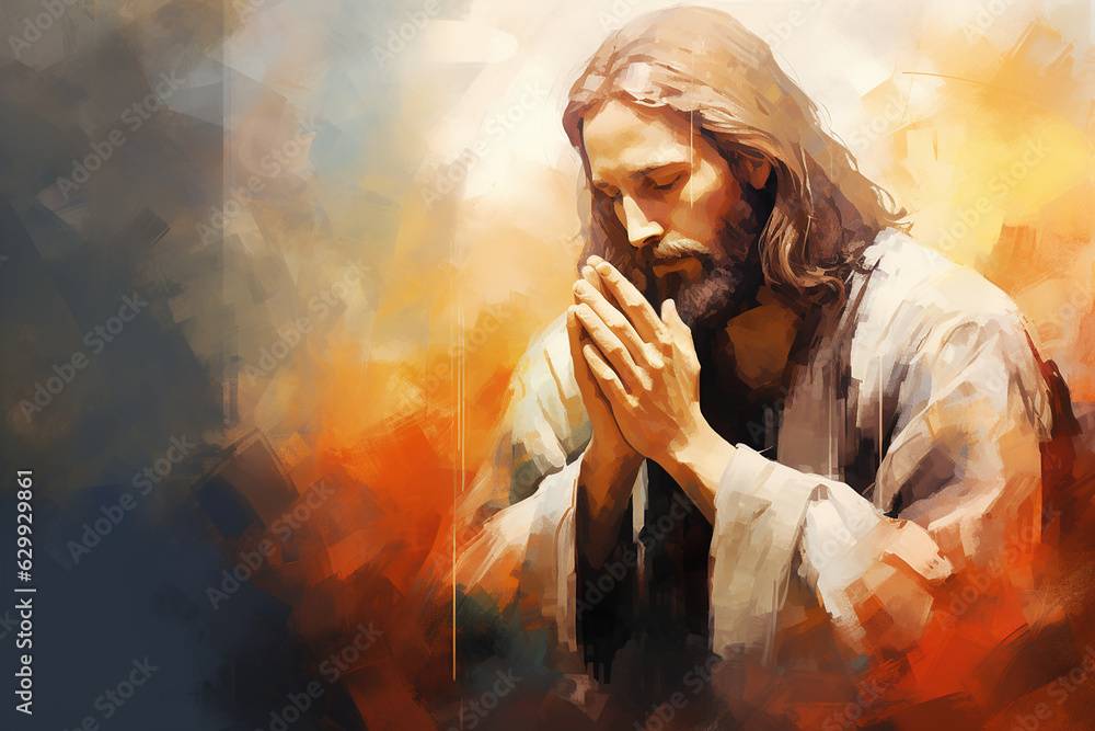 Jesus Christ praying out to God religious art. Generative AI painting ...