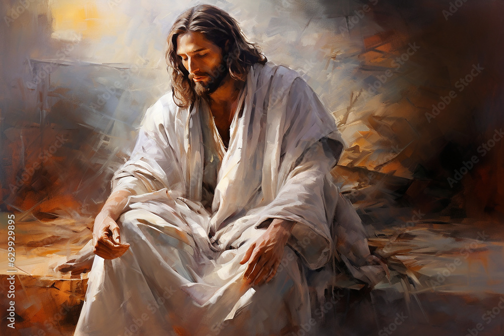 Jesus Christ praying out to God religious art. Generative AI painting ...