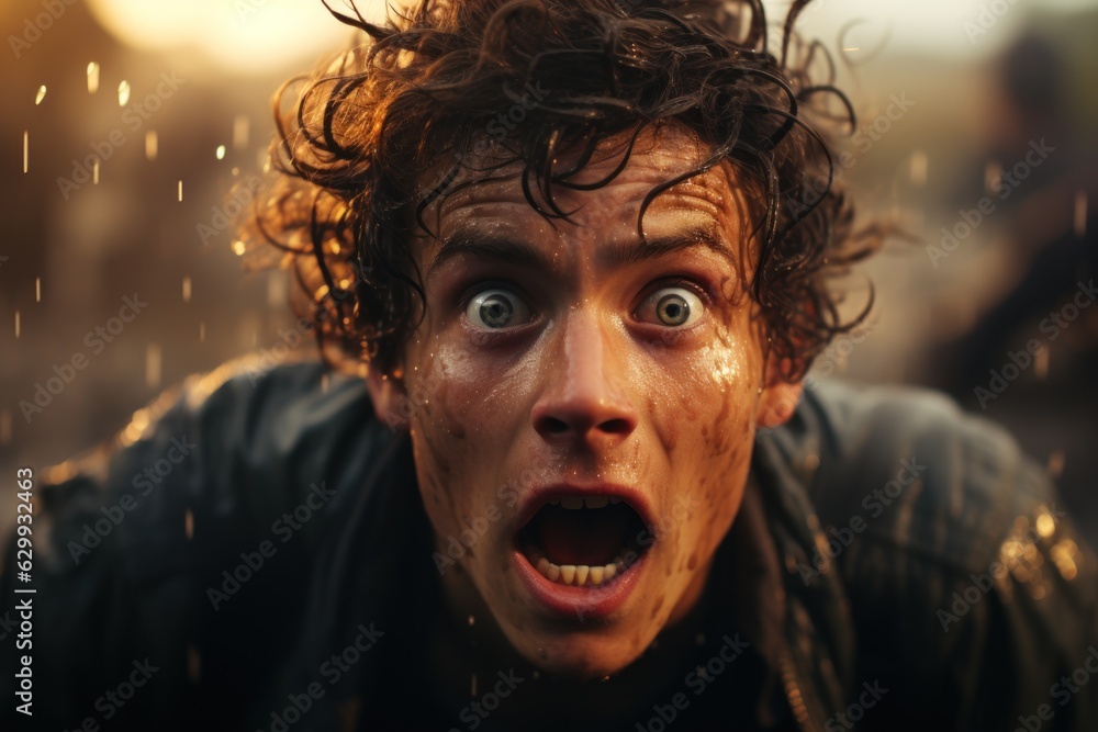 Person's terrified expression captured in a close-up shot, reacting to a sudden and unexpected ...