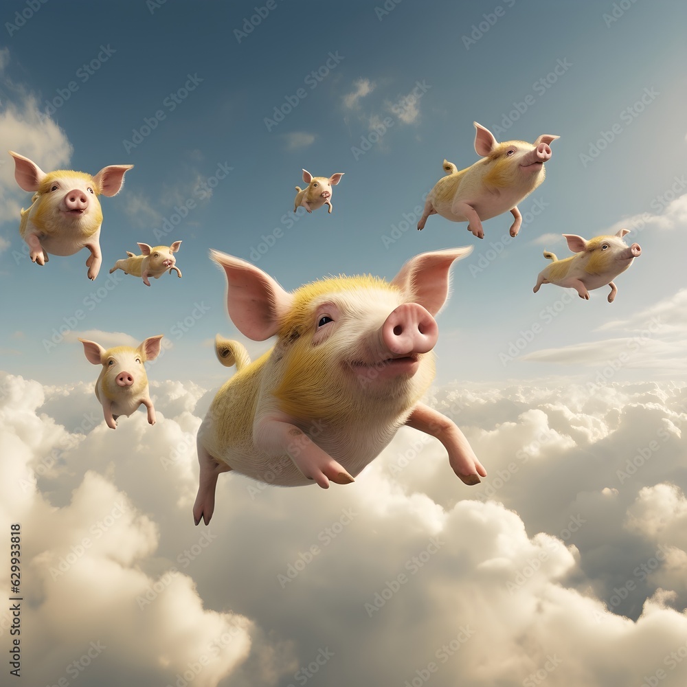 Flying pigs in the sky. AI generated. Stock Photo | Adobe Stock