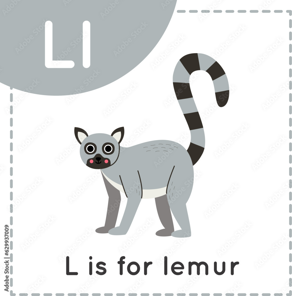 Learning English alphabet for kids. Letter L. Cute cartoon lemur. Stock ...