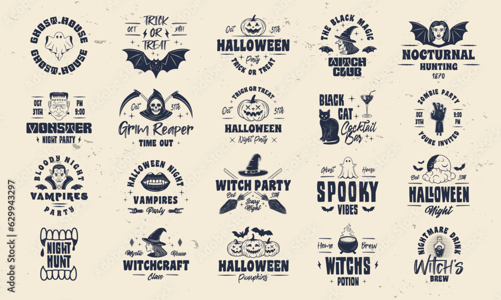 Vector set of signs and logos in Halloween style. Halloween logos set ...