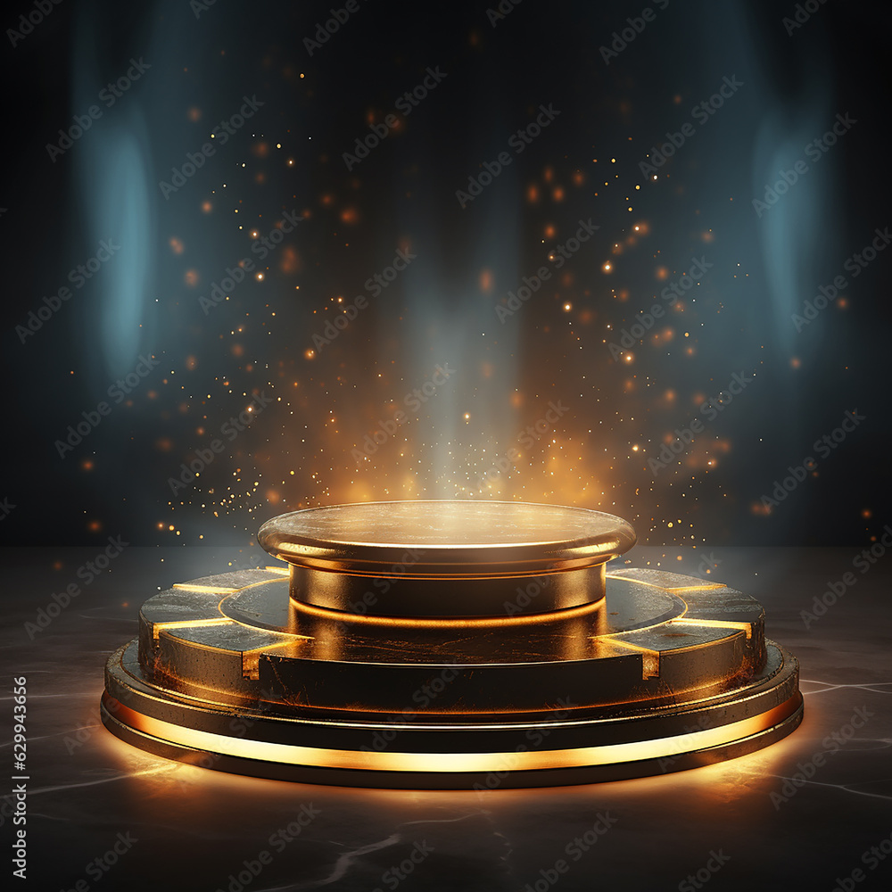 Gold podium on dark background with smoke. Empty pedestal for award ...