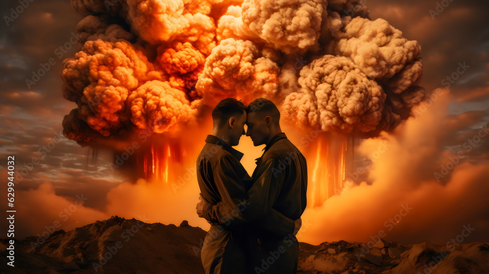 gay male couple embracing and kissing in front of nuclear bomb ...