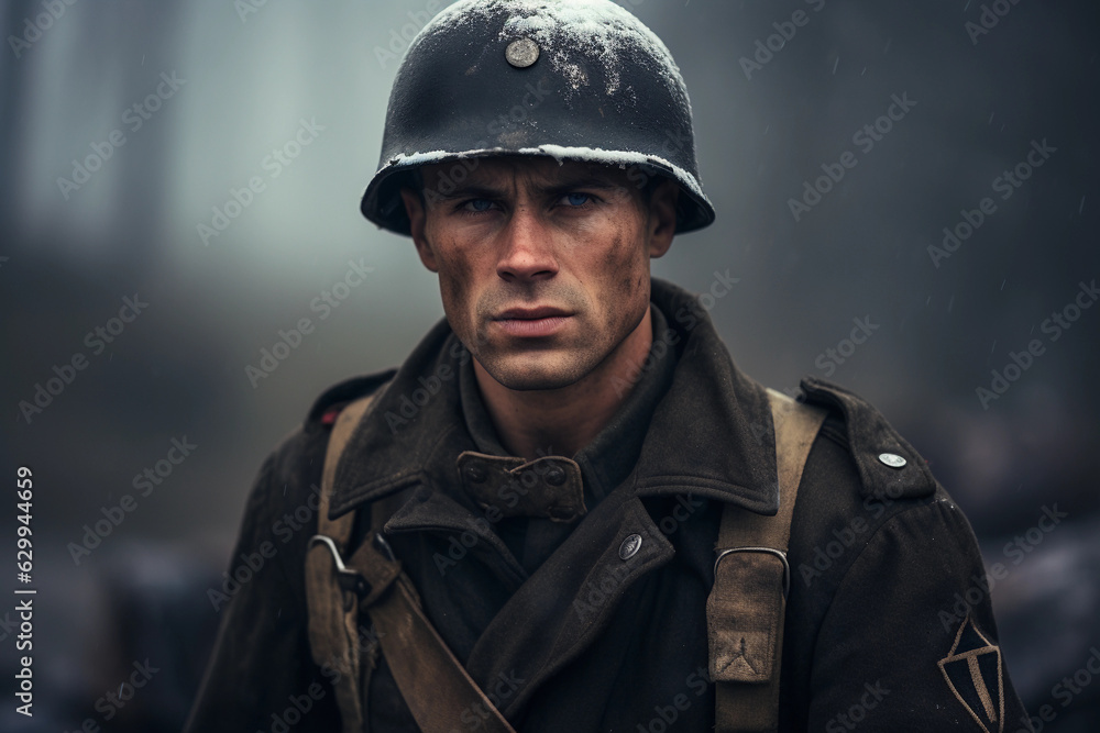 Cinematic portrait, World War II soldier, grim determination, vintage ...