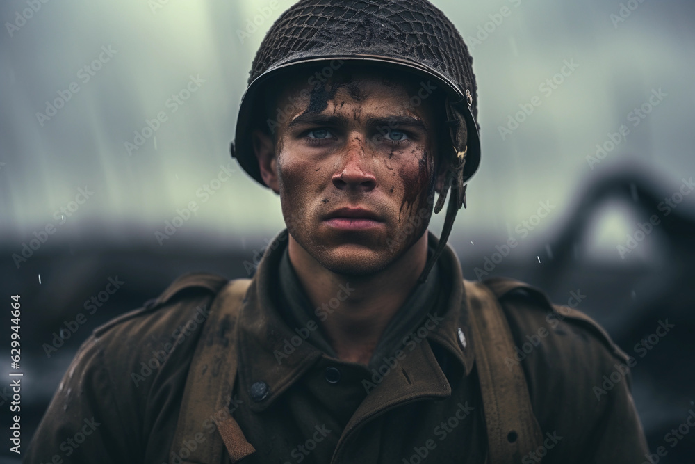Cinematic portrait, World War II soldier, grim determination, vintage ...