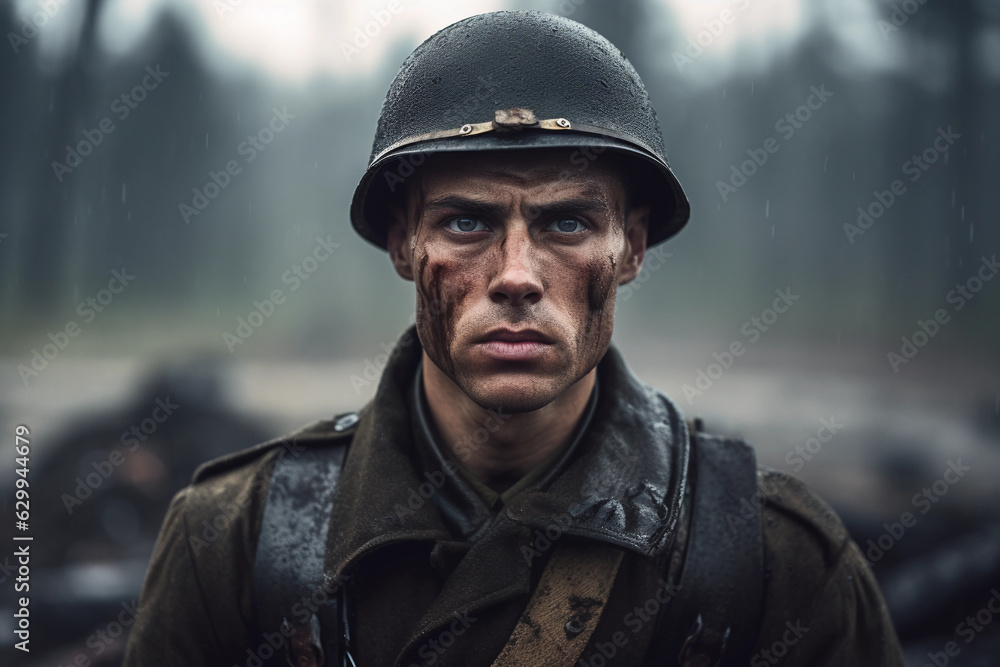 Cinematic portrait, World War II soldier, grim determination, vintage ...