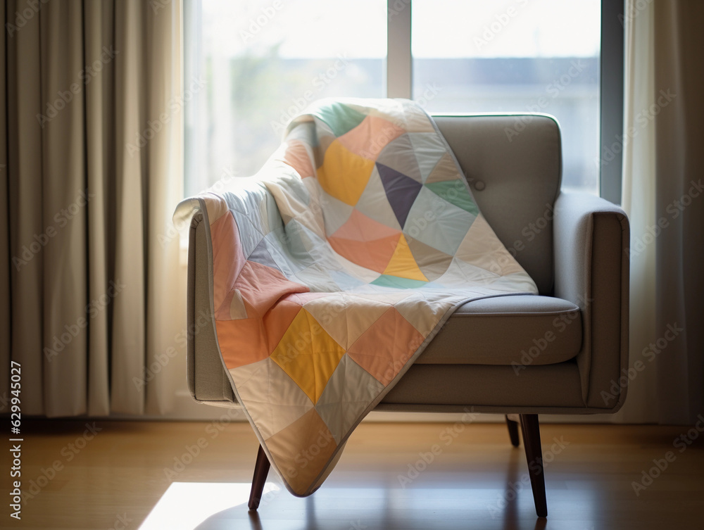 Mid - century modern quilt draped over a minimalist, Scandinavian design chair, soft natural ...