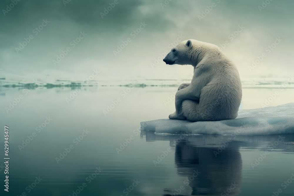 White polar bear sitting on melting ice floe glacier at arctic sea that ...