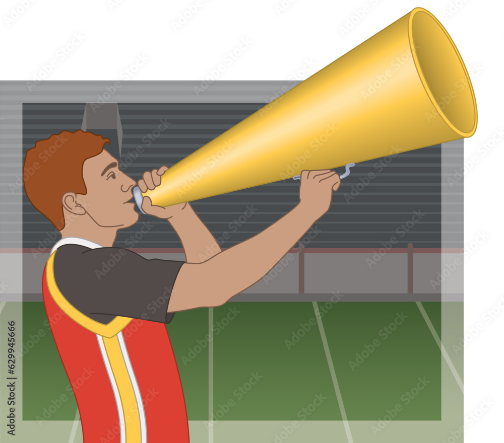 cheerleading, male cheerleader shouting in a megaphone with stadium in ...
