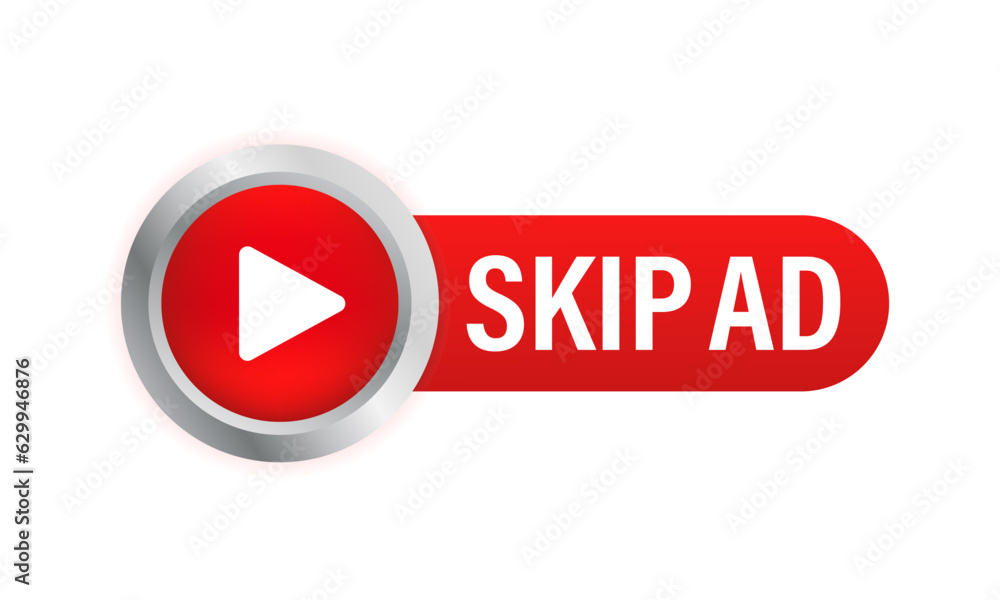 Skip ad red button on white background. Simple red skip or stop ad button. 3D red glossy button ...