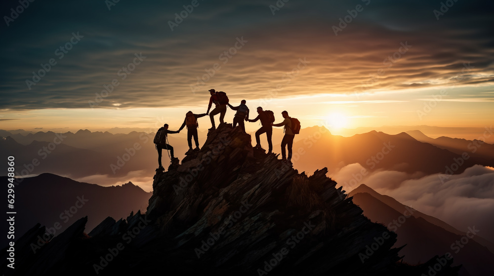 Cooperation concept with multiple people helping each other on mountain ...