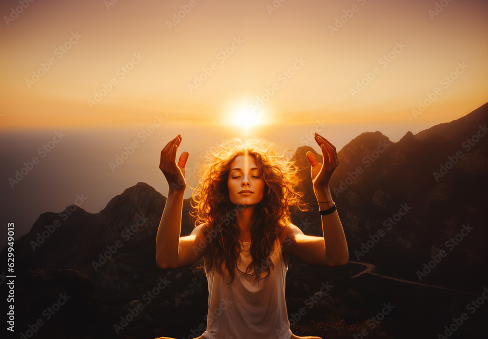 Gathering the power of the sun concept with young woman in meditation ...