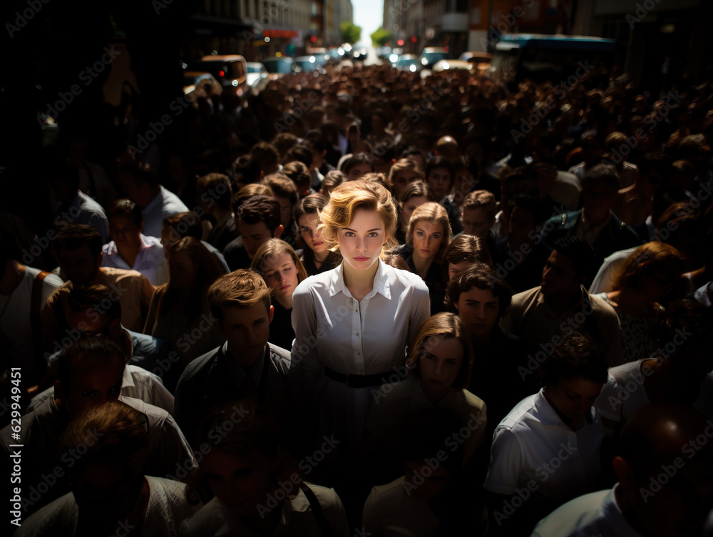 Stand out from the crowd concept with blonde woman standing out from ...