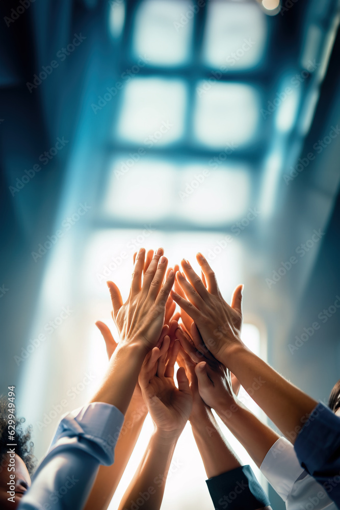 Working together concept with hands united together in the air ...