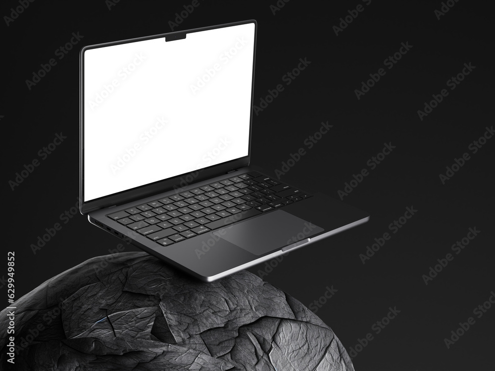 Macbook Pro Close up of empty white laptop display on black stone ...