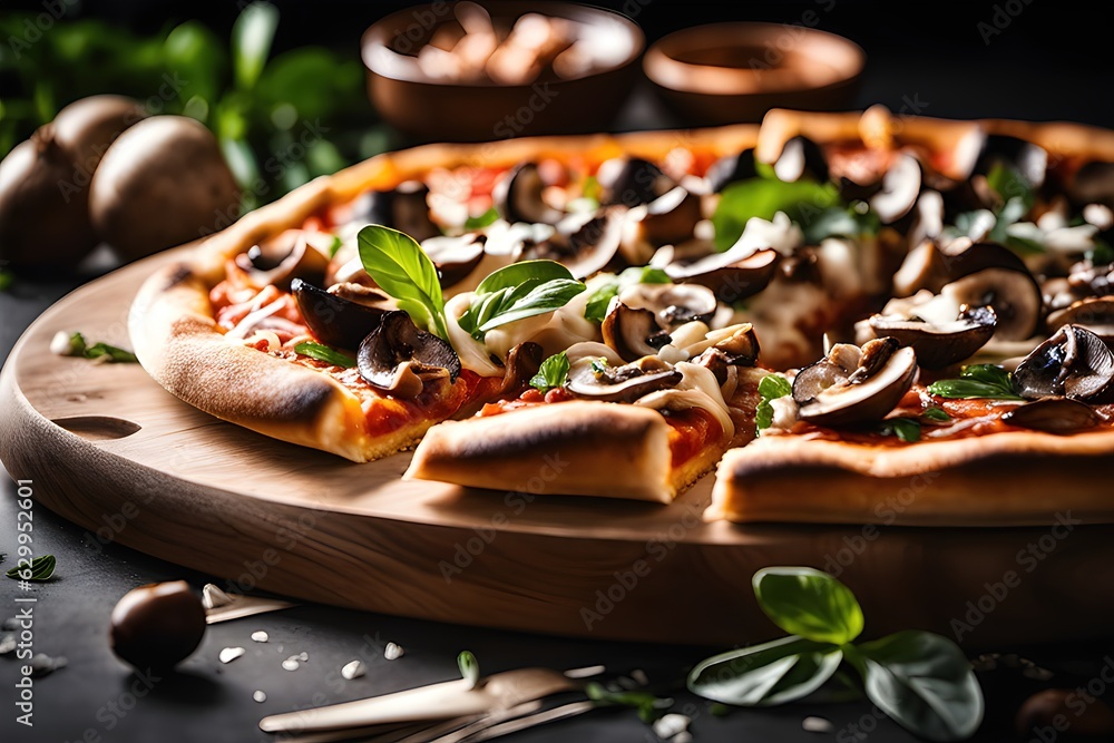 Rica pizza funghi para comer. Pizza recién horneada de hongos. Pizza de ...