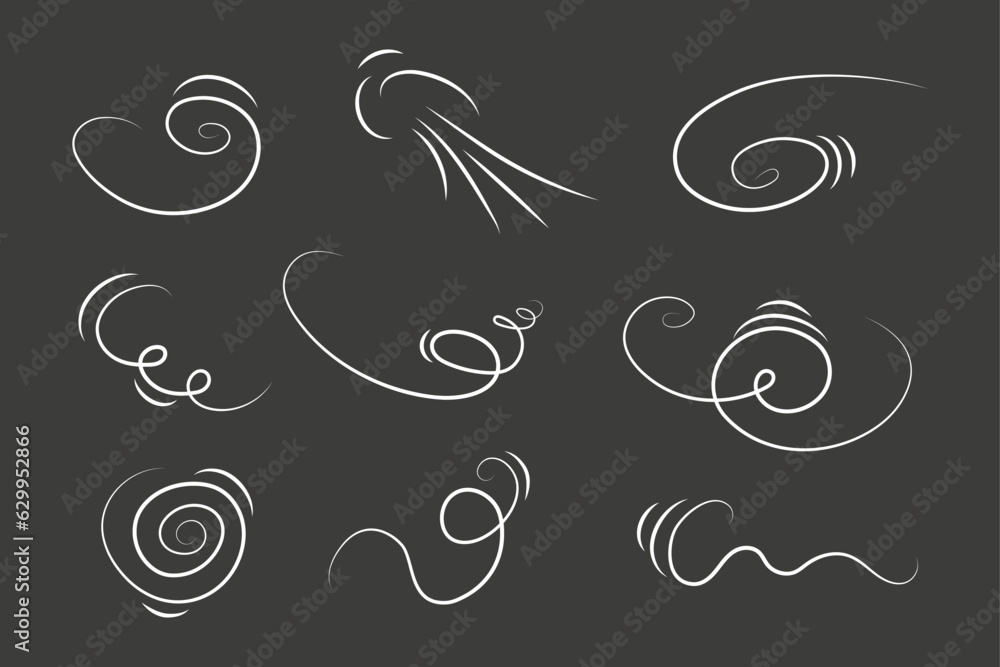 Outline drawing of a breath of wind.Wind blow set in line style.Wave ...