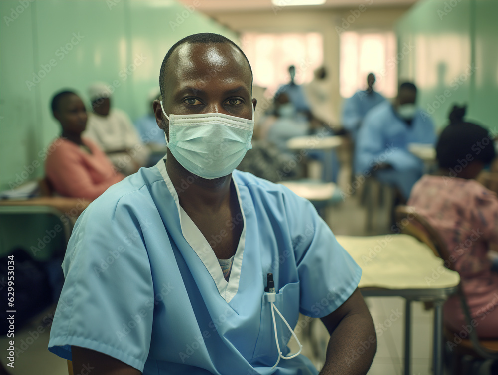 a public health worker is seen in a clinic or vaccination center. They ...