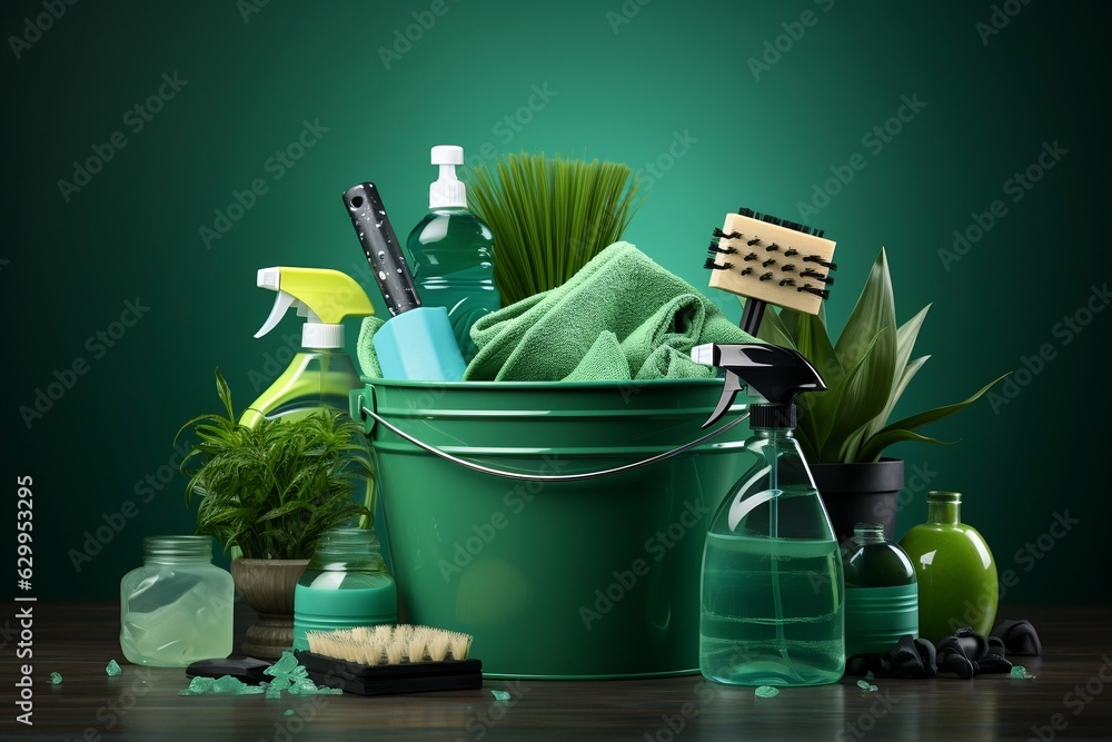 Green cleaning bucket with cleaning products on a white background ...