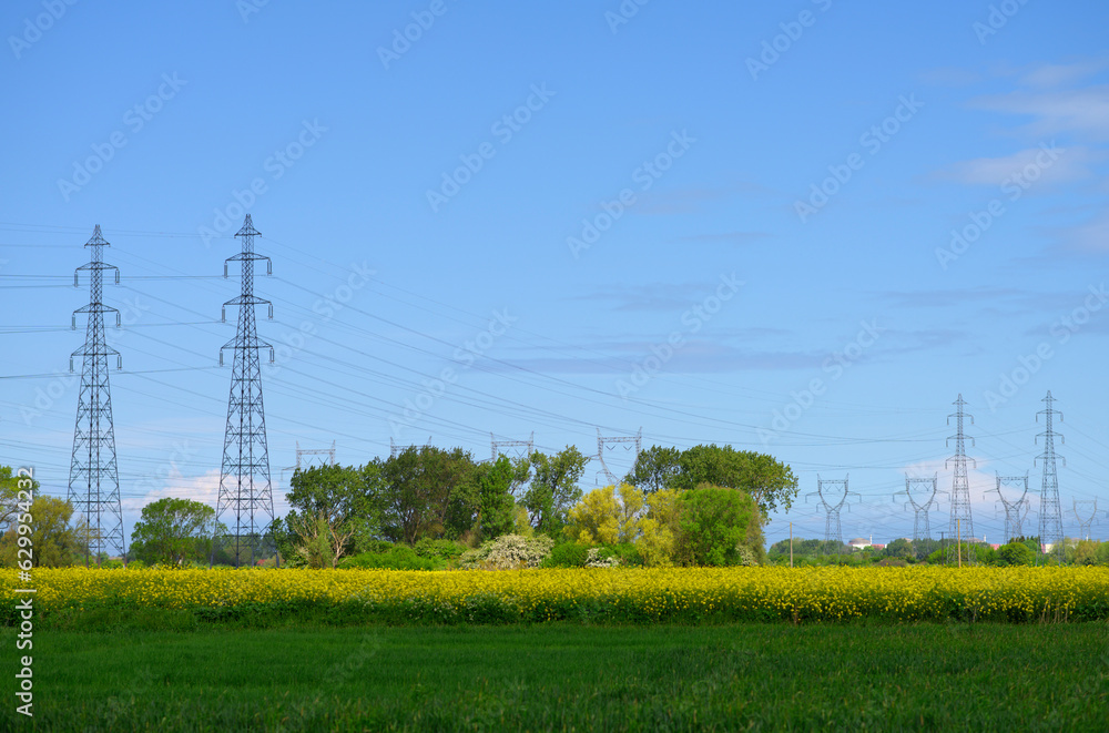 France, Pas de Calais, Power lines and trees near nuclear power plant ...