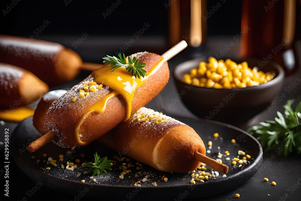 Corn dog listo para comer. Perrito caliente de maíz. Hot dog rebozado ...