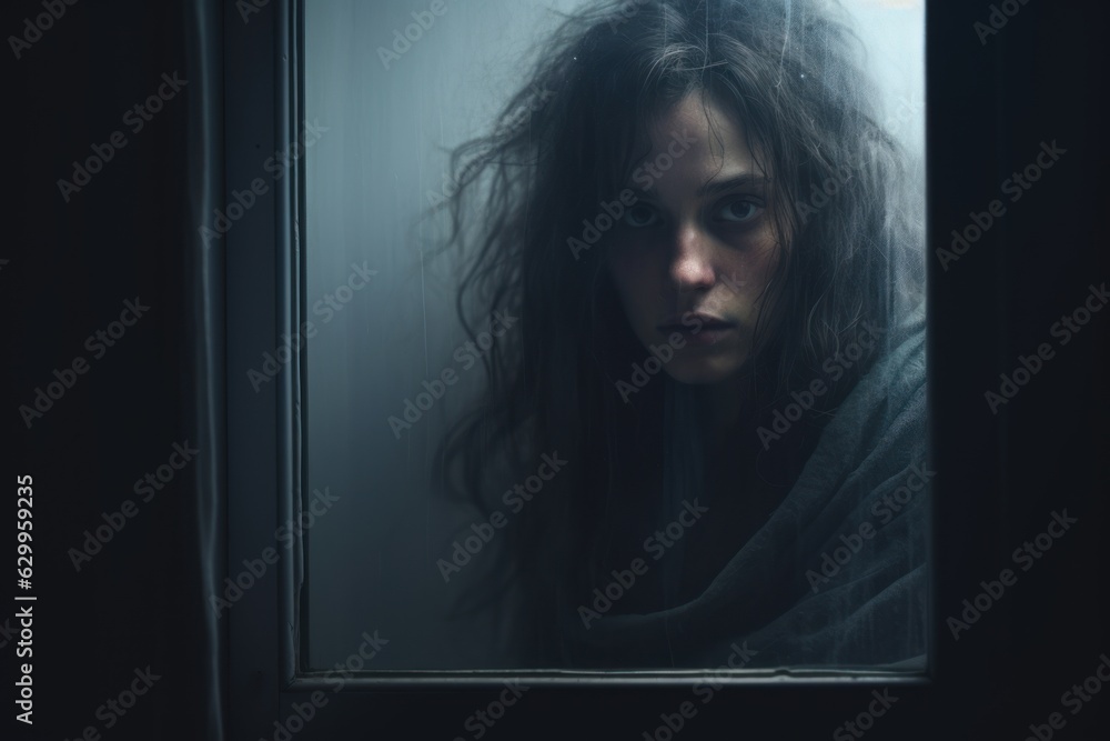 Person looking through a foggy window, their fearful gaze fixated on ...