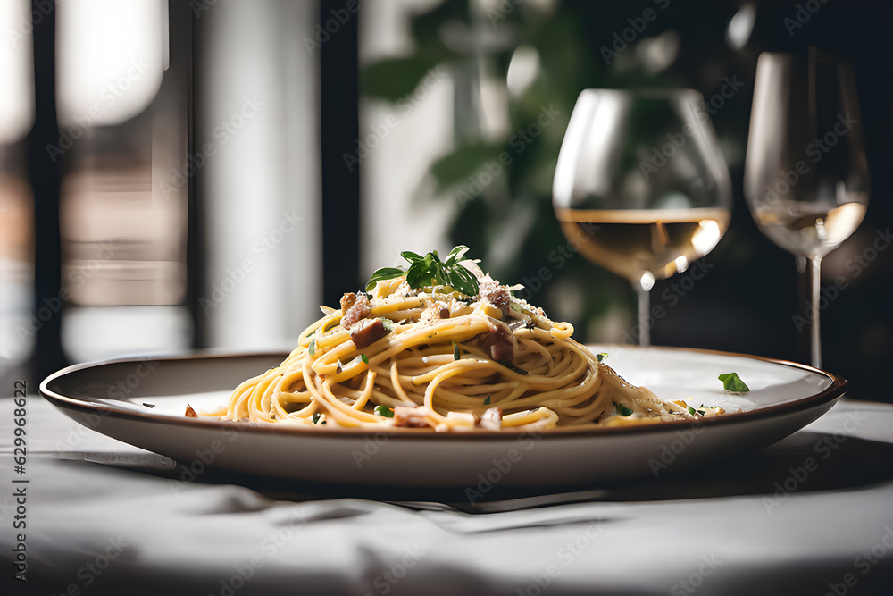 Deliciosos espaguetis a la carbonara recién hechos. Pasta blanca con ...