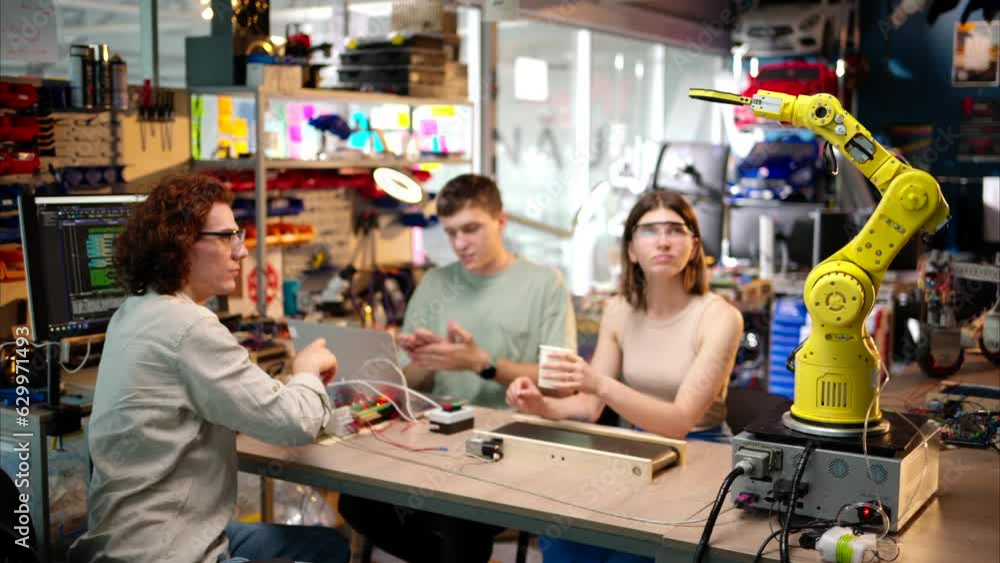 Young happy engineers programming an yellow robotic arm in the workshop ...