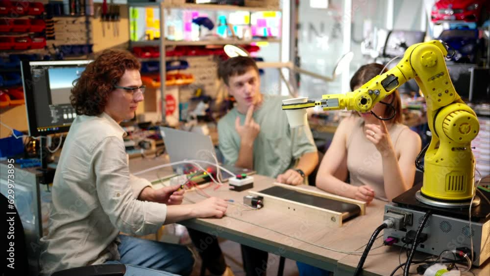 Young happy engineers programming an yellow robotic arm in the workshop ...