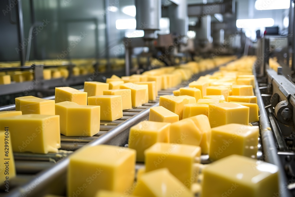 Cheddar cheese production happening efficiently in a modern factory ...