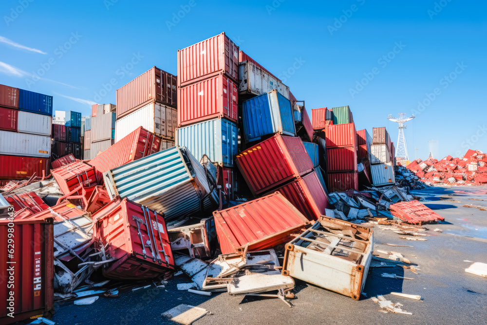 A port devastated by the aftermath of a powerful storm, with damaged ...