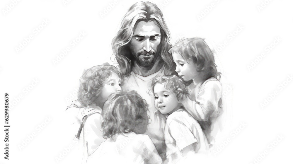 Pencil drawing of Jesus with Children Stock Illustration | Adobe Stock