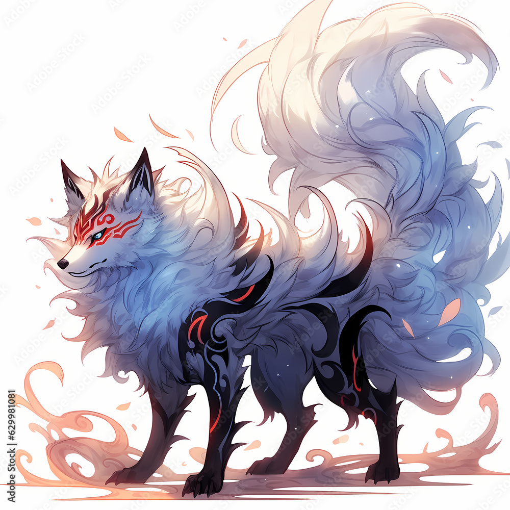Flaming mythical wolf, in the style of detailed character illustrations ...