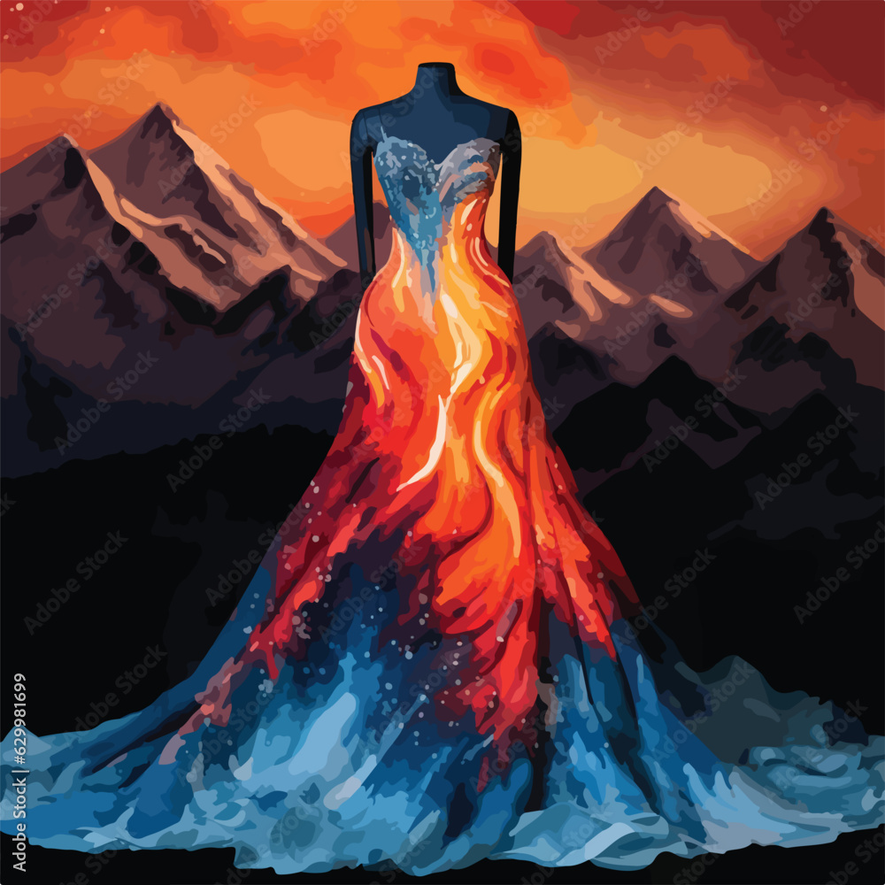 Envision an alluring woman who embodies the elements of fire and ice ...