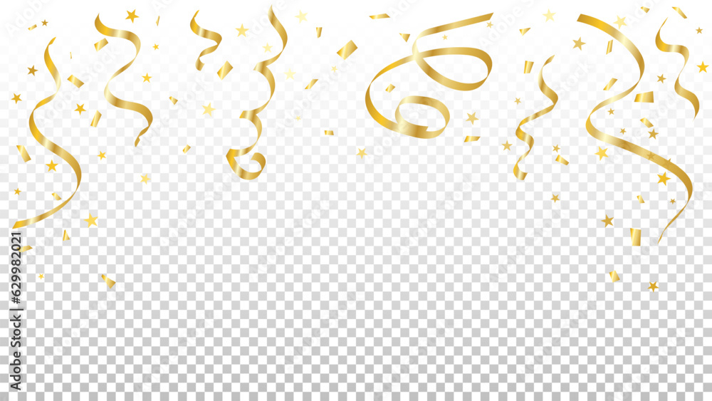 Golden Tiny Confetti And Streamer Ribbon Falling On Transparent Background. Celebration ...