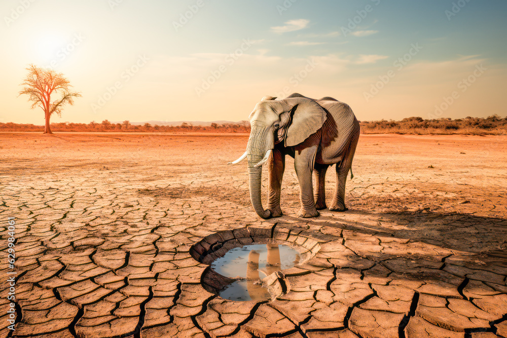 An elephant standing near an empty and dried-up pond during a severe ...