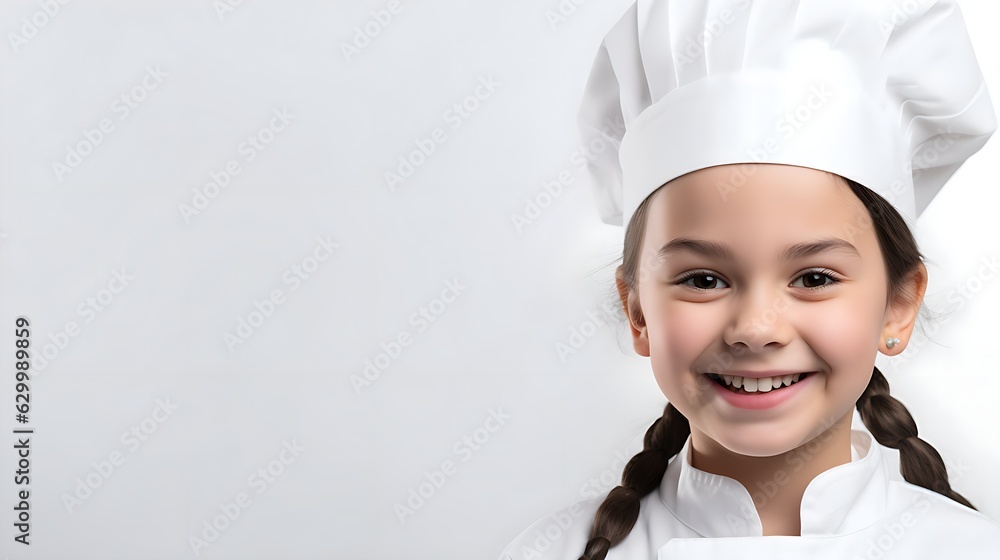 Girl wearing chef hat for cooking, culinary and profession concept ...