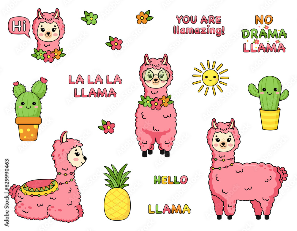 Cute llamas and alpacas with cacti hand drawn vector illustration. Cute ...