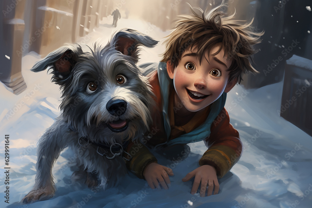 a child with a dog, Cartoon of a little boy on an adventure with a ...