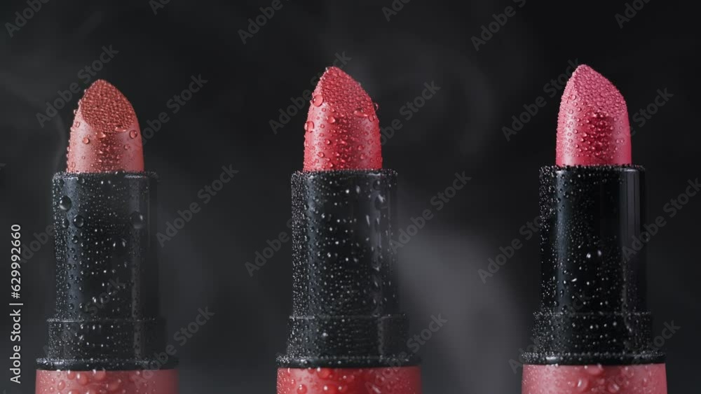Red lipsticks make up close up background with smoke and water drops ...
