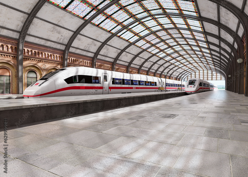 old classic train station and new deutsche bahn ice 4 trains no people ...