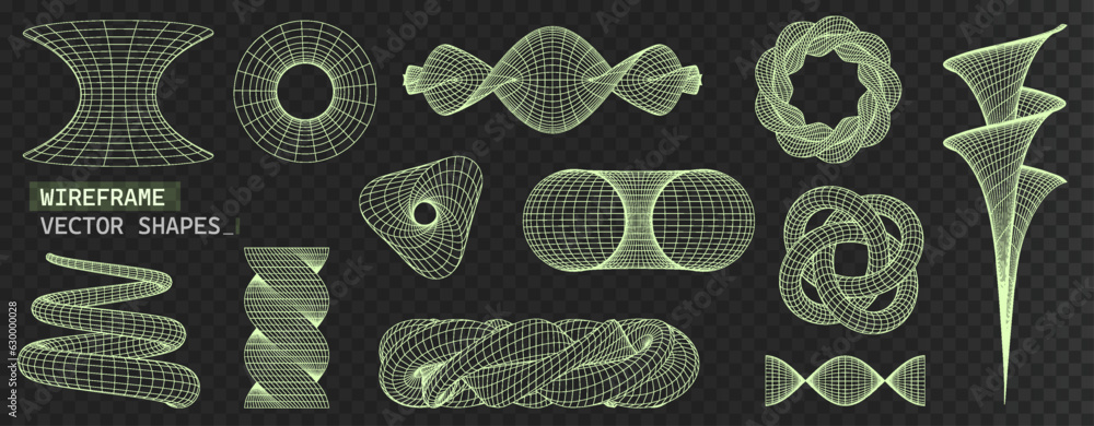 Vetor de Wireframe 3D shapes set. Abstract Grid y2k futuristic aesthetic., surface mesh and ...