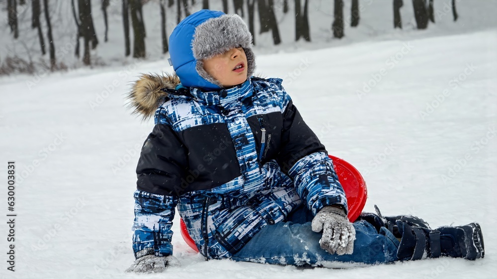 Little boy lying on snow and rubbing his hurting leg after falling down ...