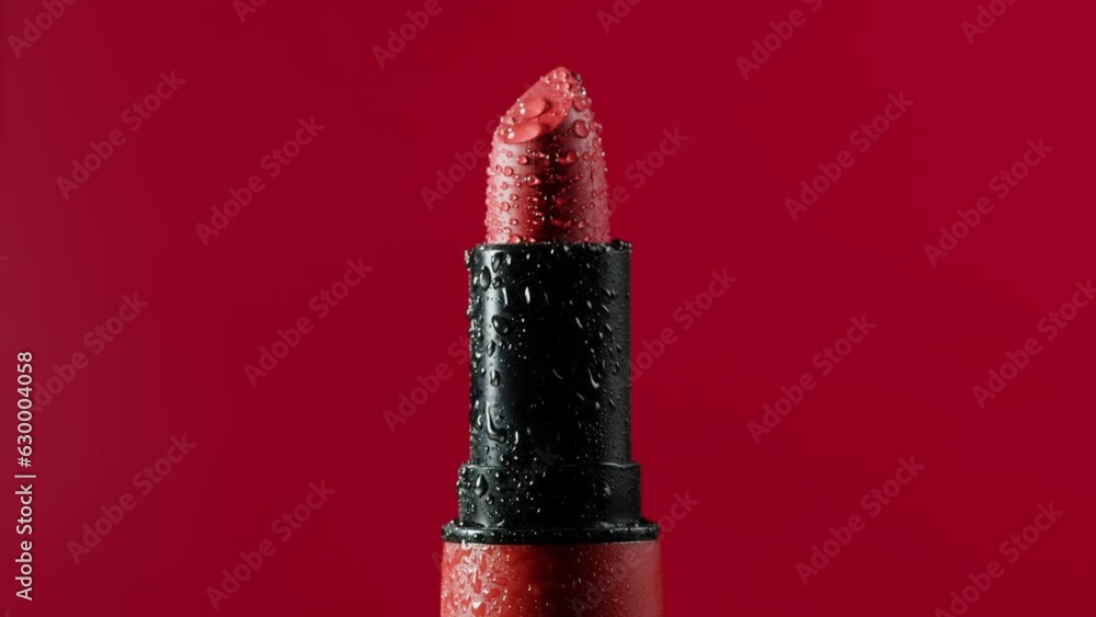 Red lipsticks make up close up background with smoke and water drops ...
